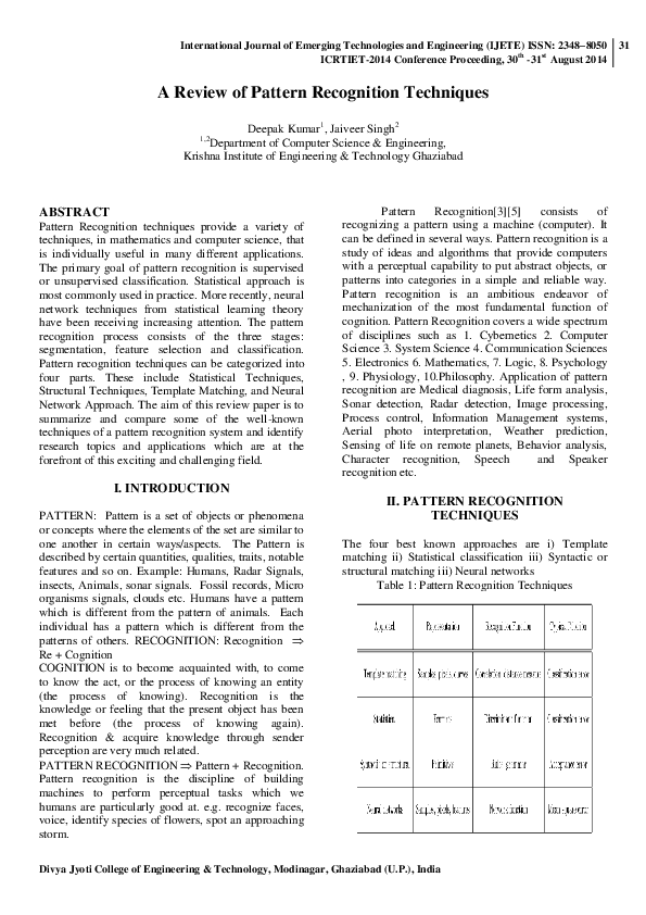 (PDF) A Review of Pattern Recognition Techniques