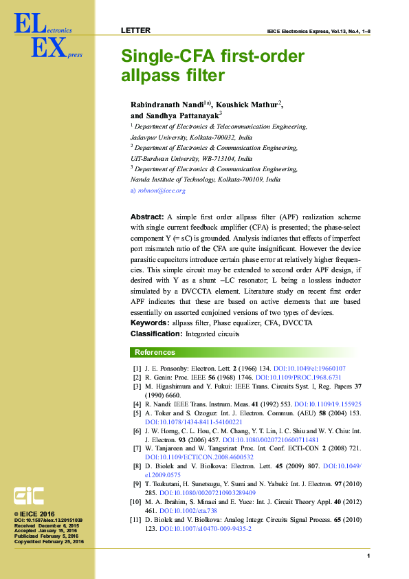 (PDF) Single-CFA first-order allpass filter