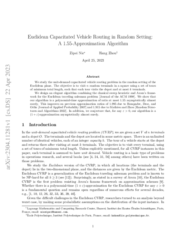 (PDF) Euclidean Capacitated Vehicle Routing in Random Setting: A $1.55$-Approximation Algorithm