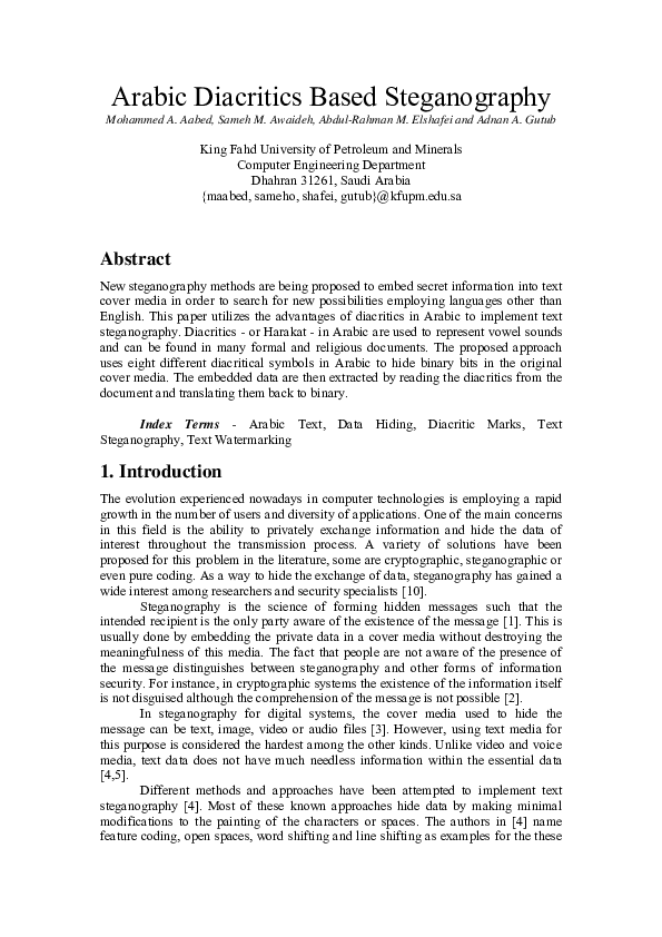 (PDF) Arabic Diacritics based Steganography
