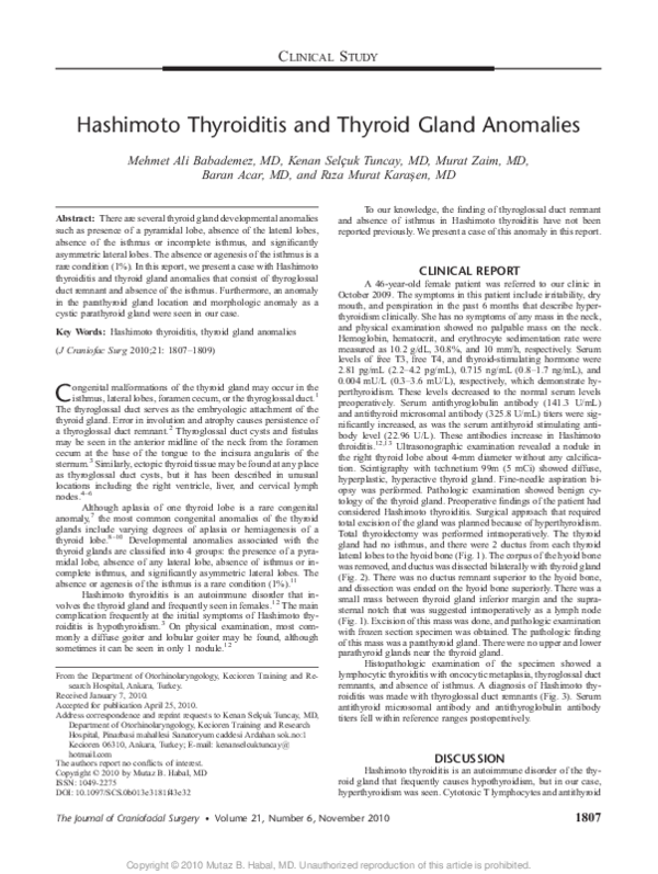 (PDF) Hashimoto Thyroiditis and Thyroid Gland Anomalies