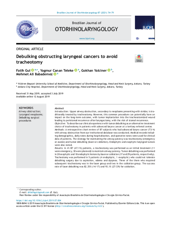 (PDF) Debulking obstructing laryngeal cancers to avoid tracheotomy