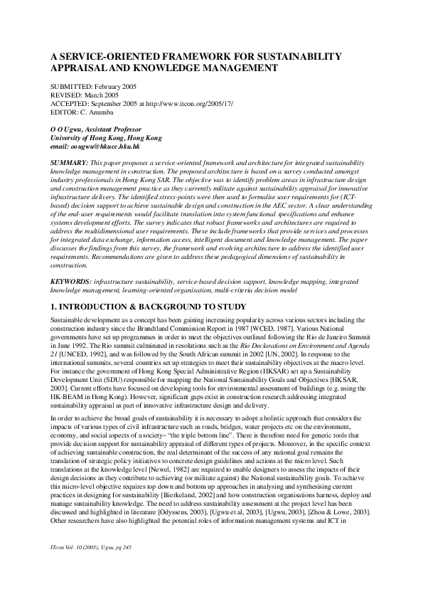 (PDF) A service-oriented framework for sustainability appraisal and knowledge management