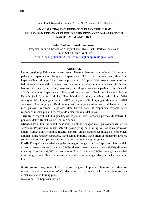 (PDF) Analisis Tingkat Kepuasan Klien terhadap Pelayanan Perawat di Poliklinik Penyakit dalam ...