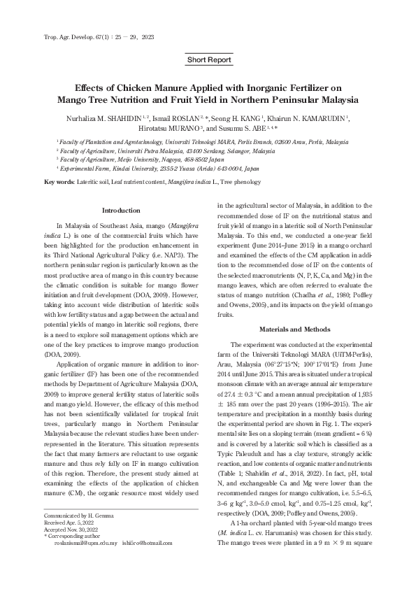 (PDF) Effects of Chicken Manure Applied with Inorganic Fertilizer on Mango Tree Nutrition and ...