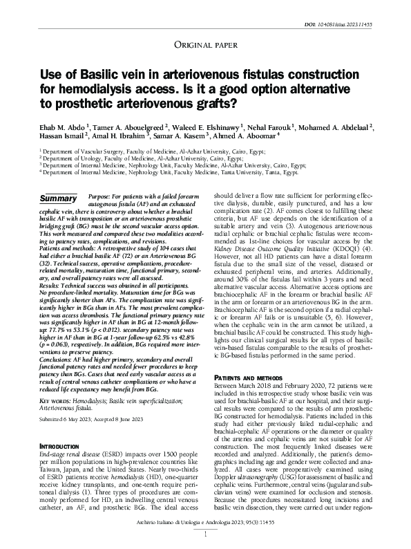 (PDF) Use of Basilic vein in arteriovenous fistulas construction for ...