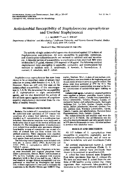 (PDF) Antimicrobial susceptibility of Staphylococcus saprophyticus and urethral staphylococci