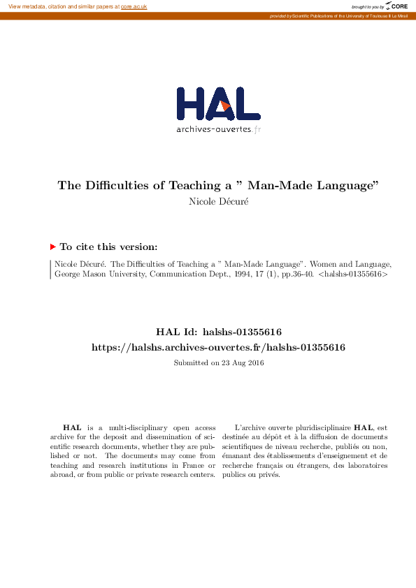 (PDF) The Difficulties of Teaching a " Man-Made Language