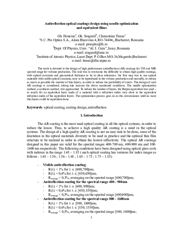 (PDF) Antireflection optical coatings design using needle optimization and equivalent films