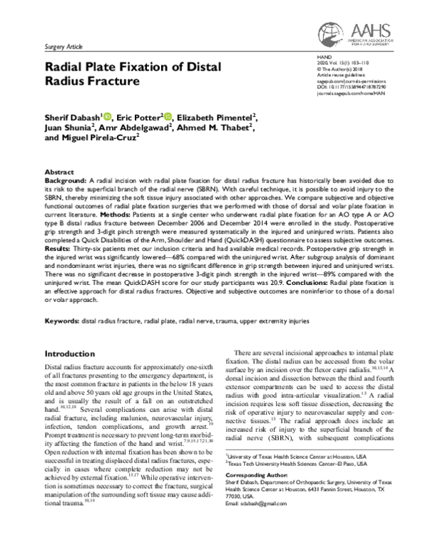 (PDF) Radial Plate Fixation of Distal Radius Fracture