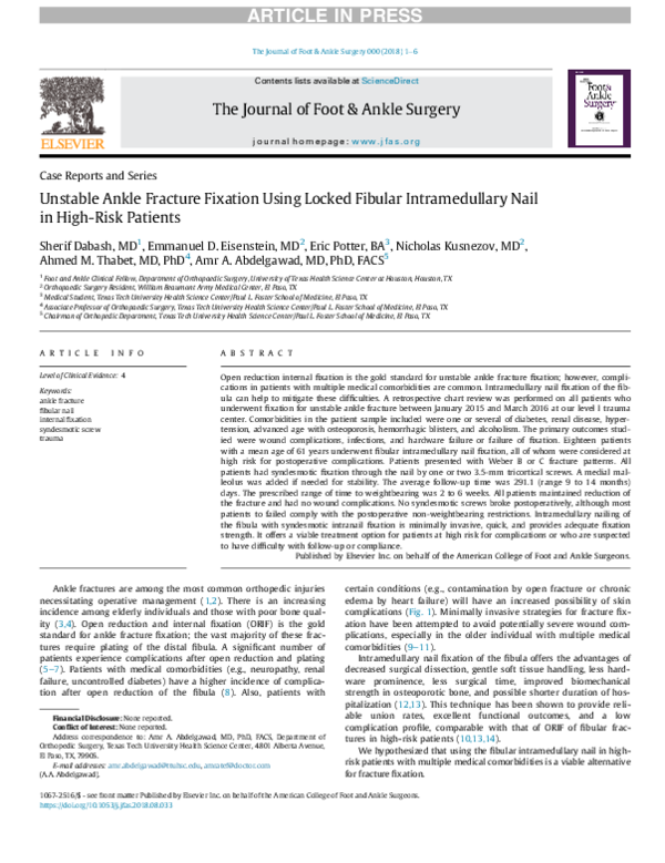 (PDF) Unstable Ankle Fracture Fixation Using Locked Fibular Intramedullary Nail in High-Risk ...