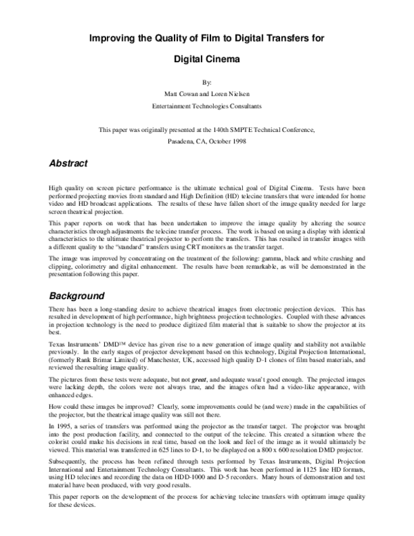 (PDF) Improving the Quality of Film to Digital Transfers for Digital Cinema