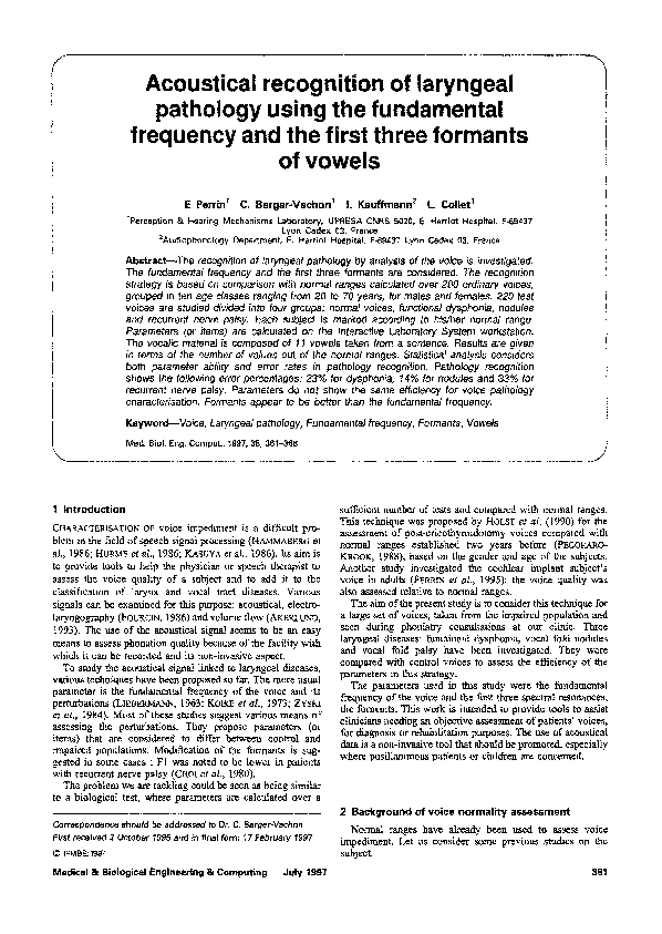 (PDF) Acoustical recognition of laryngeal pathology using the ...