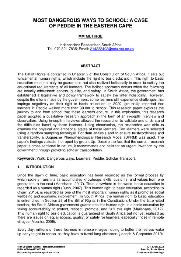 (PDF) MOST DANGEROUS WAYS TO SCHOOL: A CASE OF PEDDIE IN THE EASTERN CAPE