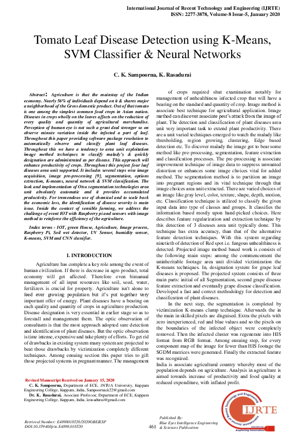 (PDF) Tomato Leaf Disease Detection using K-Means, SVM Classifier ...