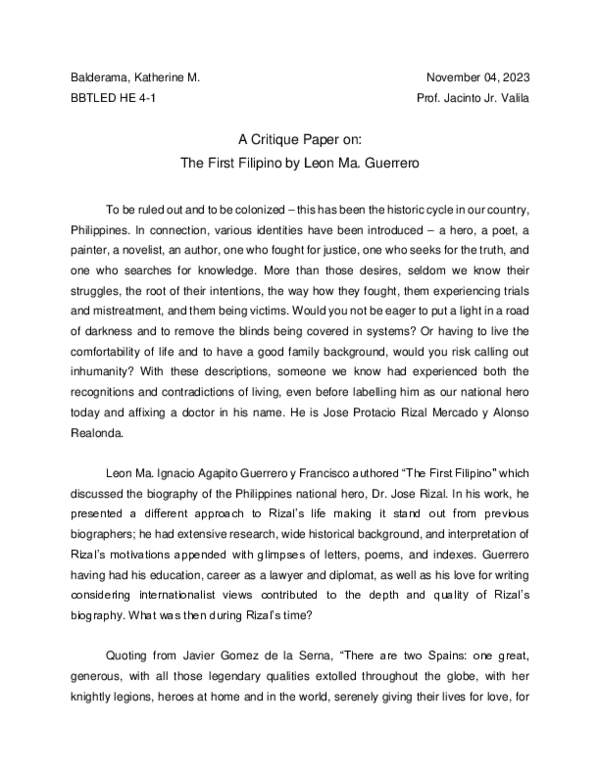 (PDF) A Critique Paper on "The First Filipino" by Leon Ma. Guerrero
