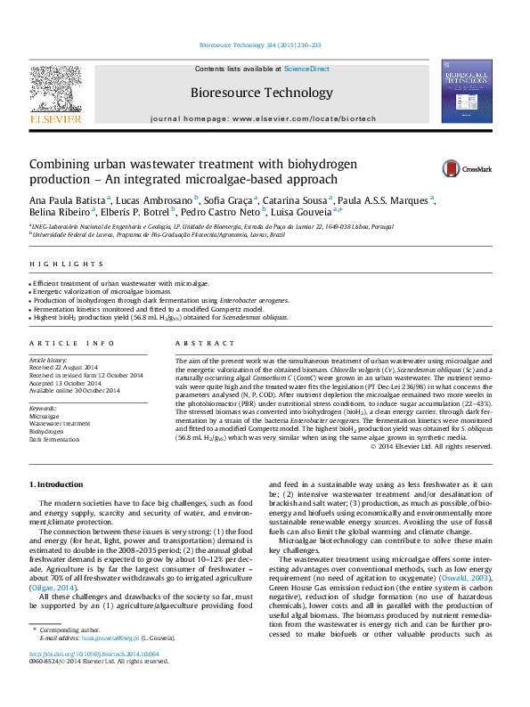 (PDF) Combining urban wastewater treatment with biohydrogen production - An integrated ...