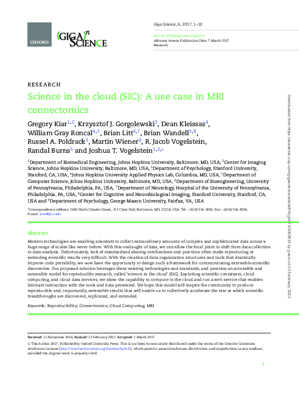 (PDF) Science in the cloud (SIC): A use case in MRI connectomics