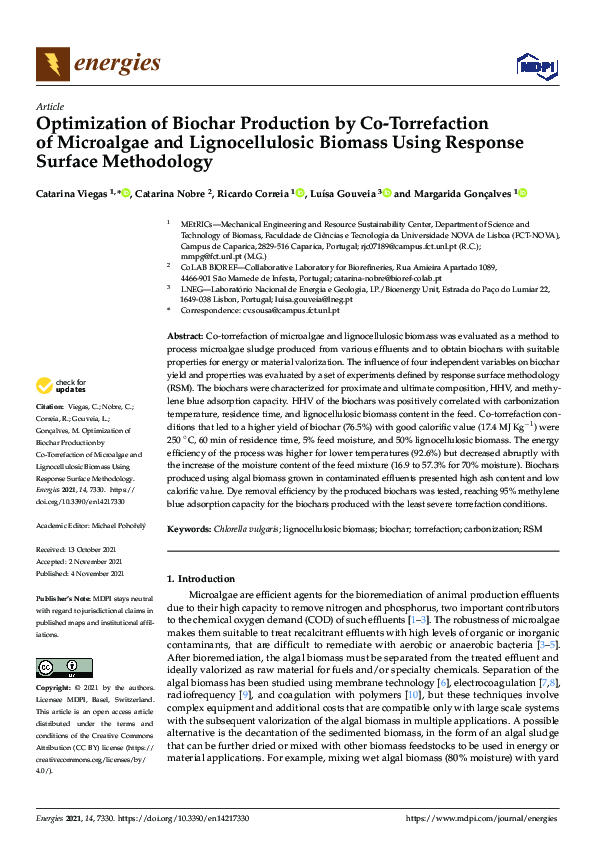 (PDF) Optimization of Biochar Production by Co-Torrefaction of Microalgae and Lignocellulosic ...
