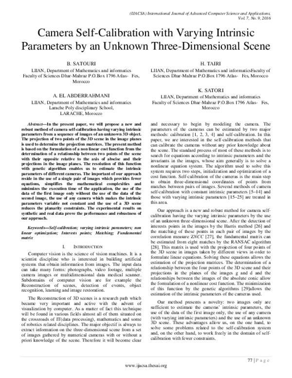 Pdf Camera Self Calibration With Varying Intrinsic Parameters By An Unknown Three Dimensional