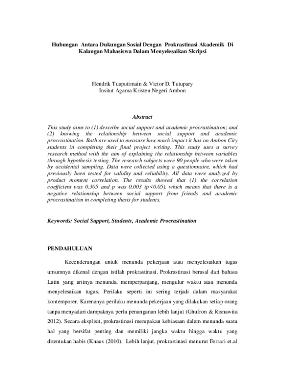 (PDF) Hubungan Antara Dukungan Sosial Dengan Prokrastinasi Akademik DI Kalangan Mahasiswa Dalam ...