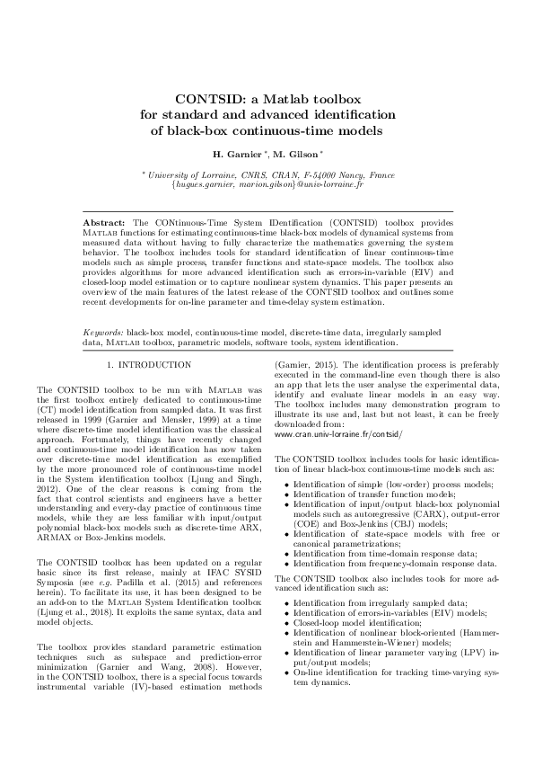 (PDF) CONTSID: a Matlab toolbox for standard and advanced identification of black-box continuous ...