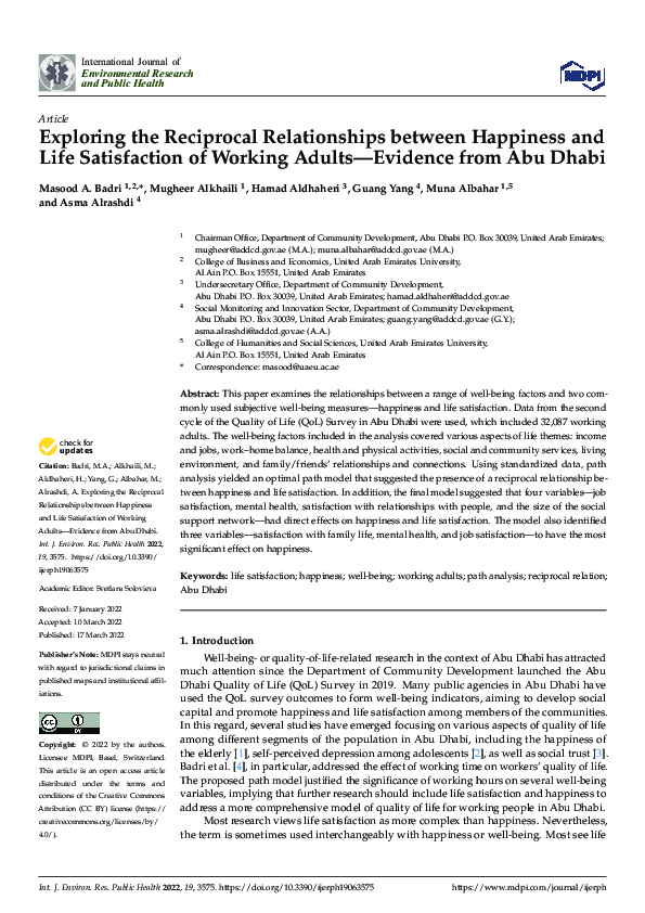 (PDF) Exploring the Reciprocal Relationships between Happiness and Life Satisfaction of Working ...