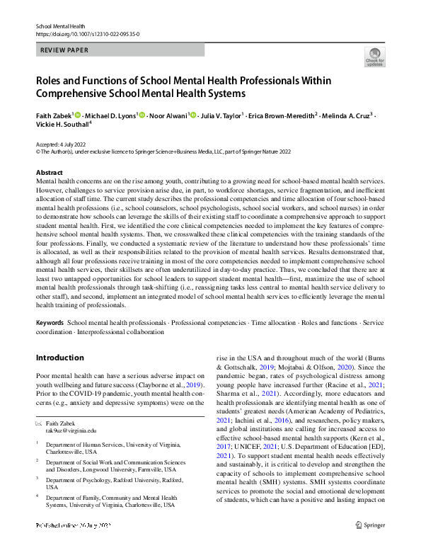 (PDF) Roles and Functions of School Mental Health Professionals Within Comprehensive School ...