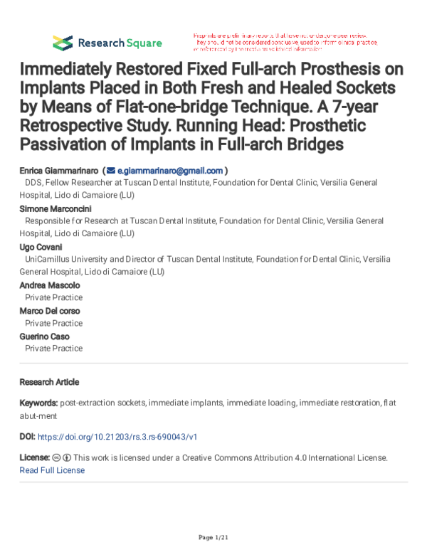 Immediately Restored Fixed Full-arch Prosthesis on Implants Placed in ...