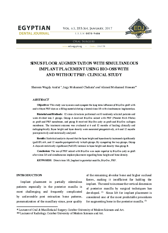 (PDF) Sinus Floor Augmentation With Simultaneous Implant Placement ...
