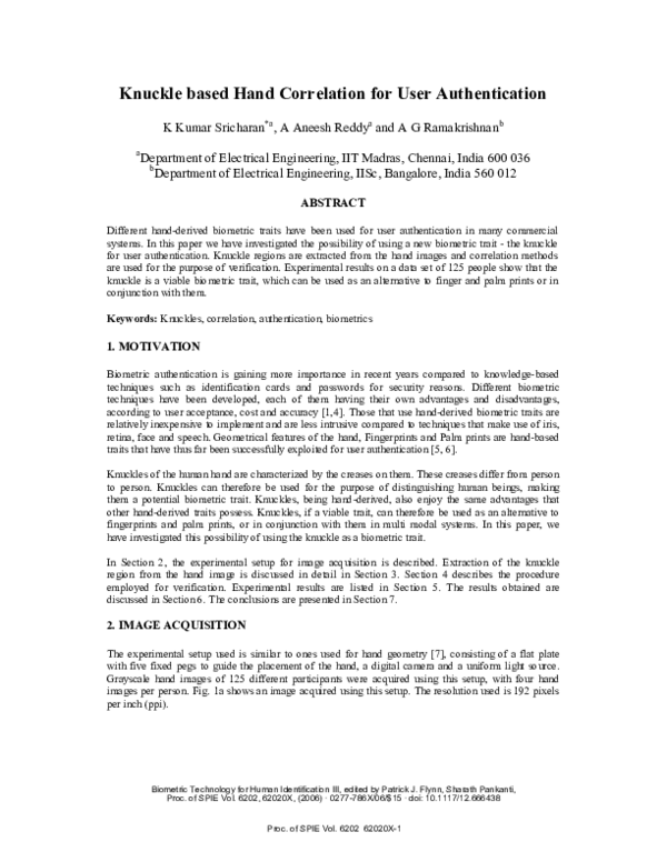 (PDF) Knuckle based hand correlation for user authentication