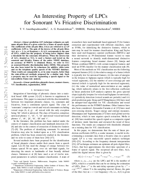 (PDF) 1 An Interesting Property of LPCs for Sonorant Vs Fricative Discrimination
