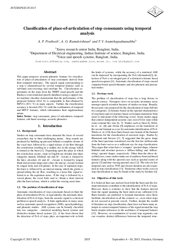 (PDF) Classification of place-of-articulation of stop consonants using temporal analysis