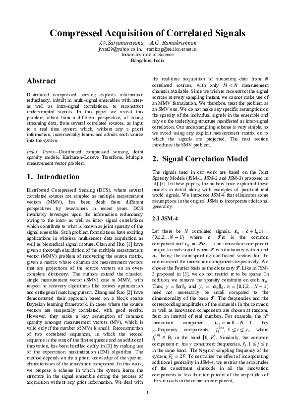 (PDF) Compressed acquisition of correlated signals