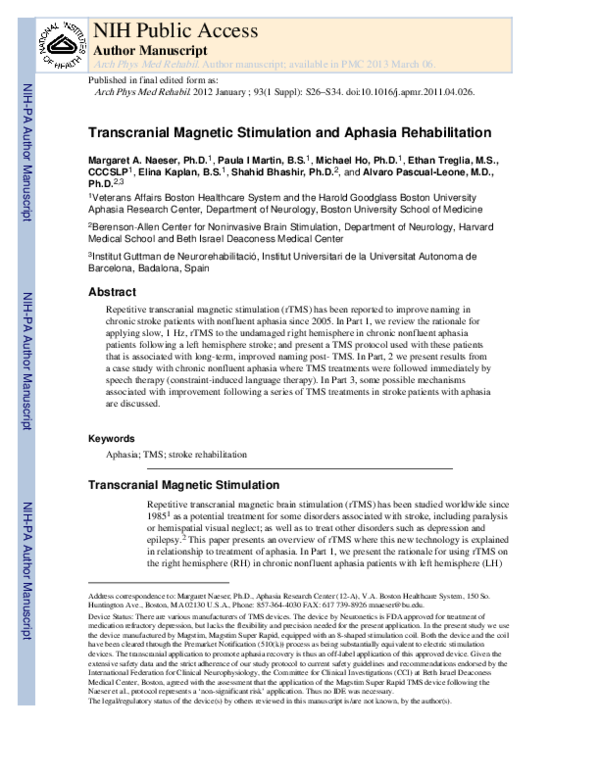 (PDF) Transcranial Magnetic Stimulation and Aphasia Rehabilitation | Shahid bashir - Academia.edu