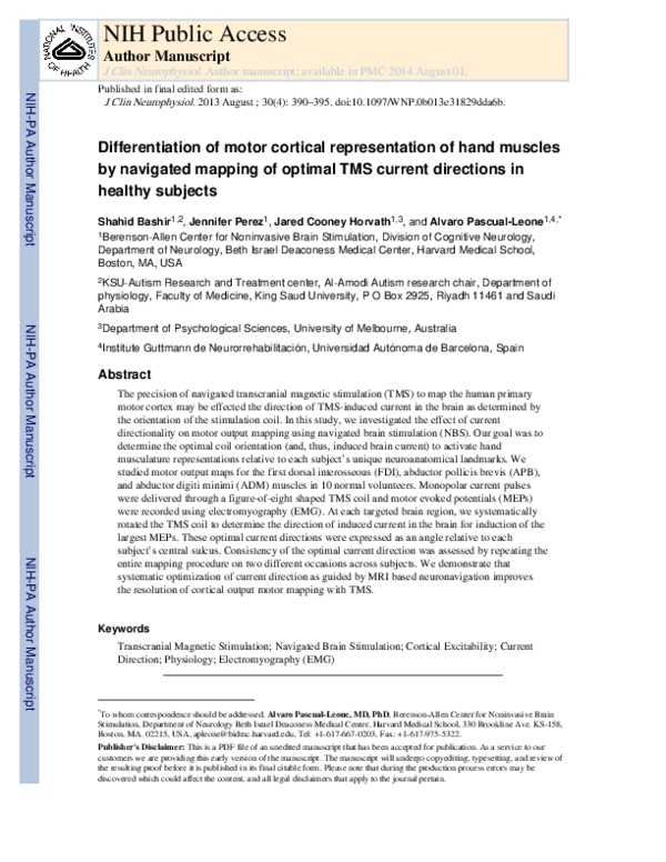 (PDF) Differentiation of Motor Cortical Representation of Hand Muscles by Navigated Mapping of ...