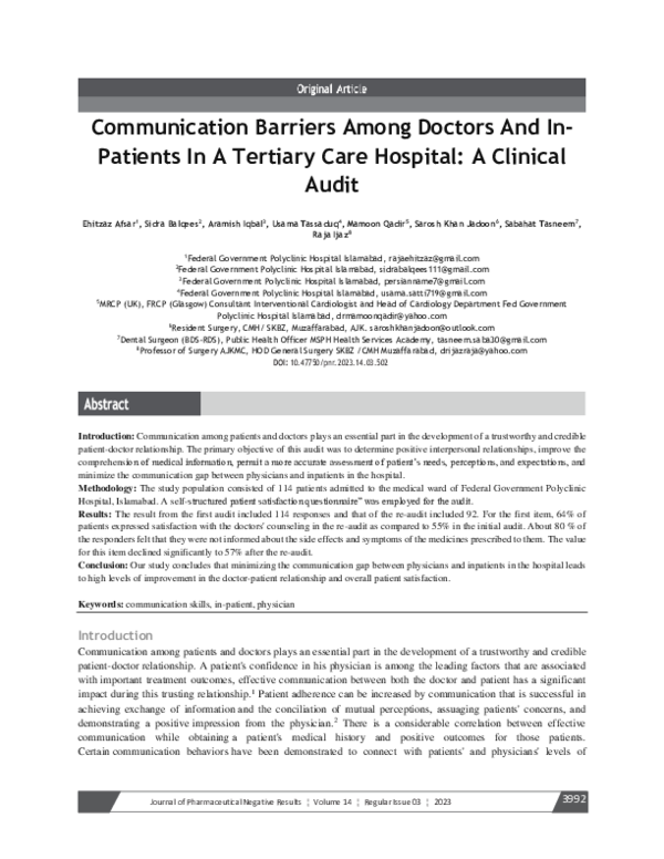 (PDF) Communication Barriers Among Doctors And In-Patients In A ...