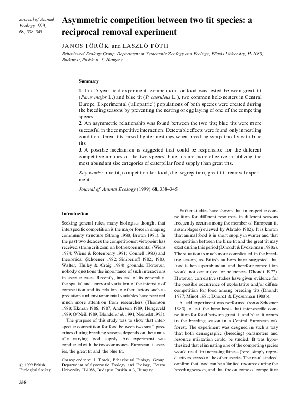 (PDF) Asymmetric competition between two tit species: a reciprocal ...