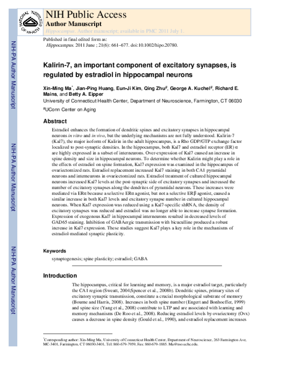 (PDF) Kalirin‐7, an important component of excitatory synapses, is ...