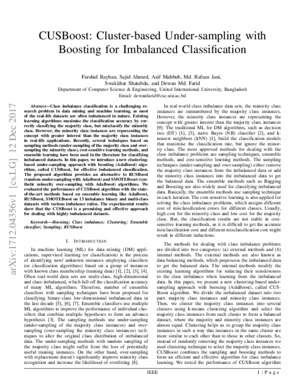 (PDF) CUSBoost: Cluster-Based Under-Sampling with Boosting for Imbalanced Classification