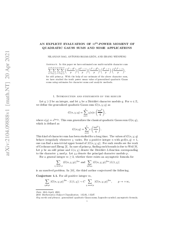 (PDF) An explicit evaluation of $\nth{10}$-power moment of quadratic Gauss sums and some ...