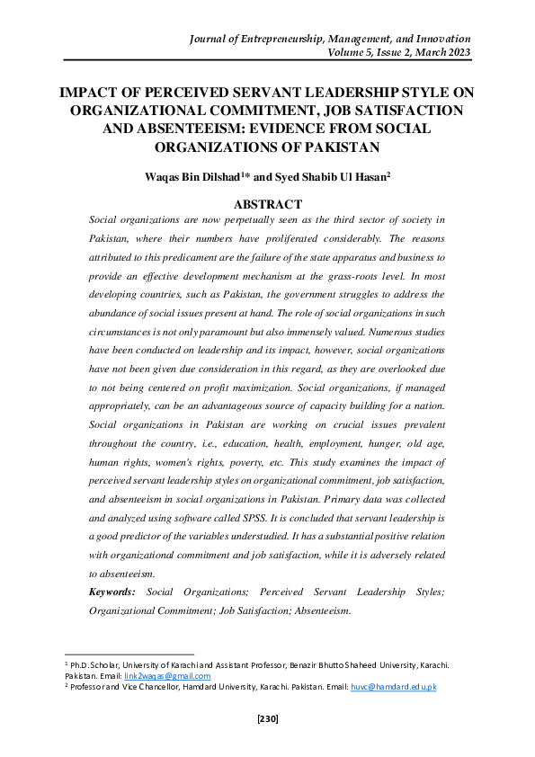 (PDF) IMPACT OF PERCEIVED SERVANT LEADERSHIP STYLE ON ORGANIZATIONAL COMMITMENT, JOB ...