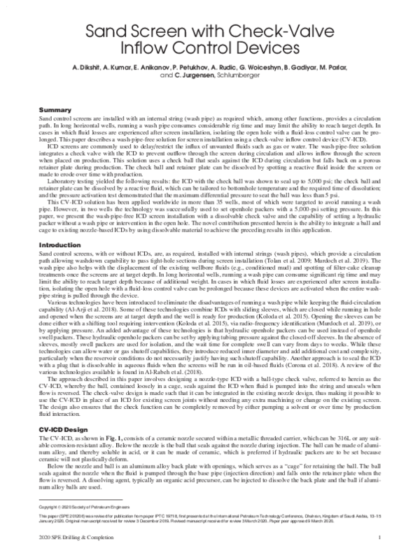 (PDF) Sand Screen with Check-Valve Inflow Control Devices
