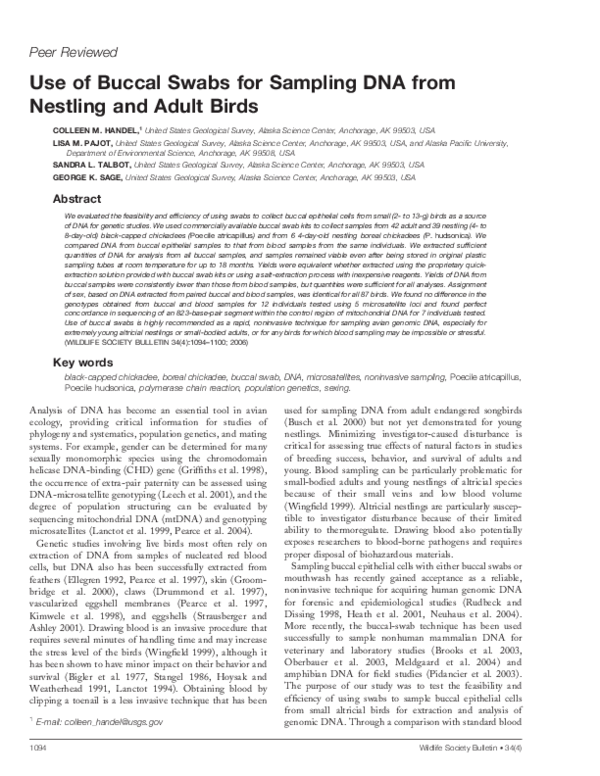 (PDF) Use of Buccal Swabs for Sampling DNA from Nestling and Adult Birds