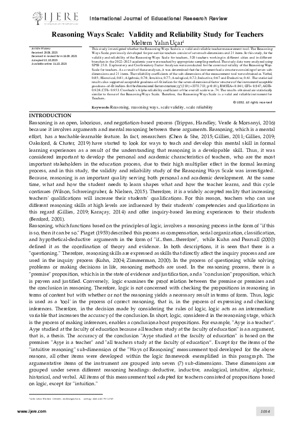 (PDF) Reasoning Ways Scale: Validity and Reliability Study for Teachers