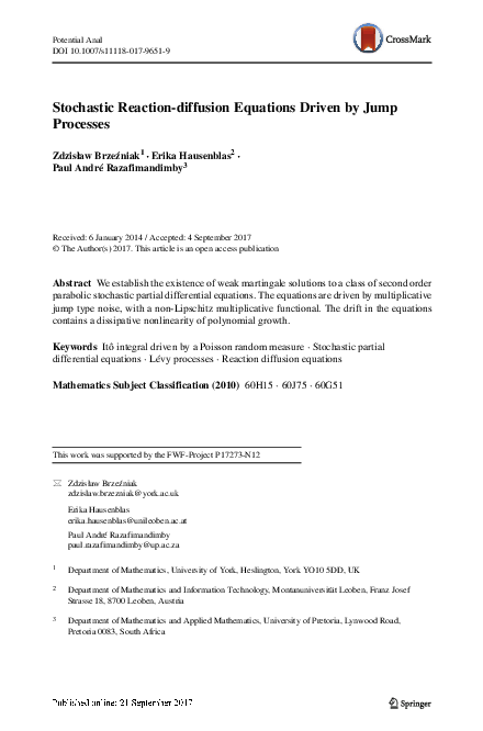 (PDF) Stochastic Reaction-diffusion Equations Driven by Jump Processes