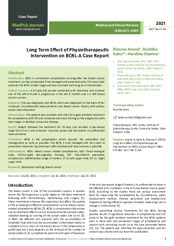 (PDF) Long Term Effect of Physiotherapeutic Intervention on BCRL-A Case Report