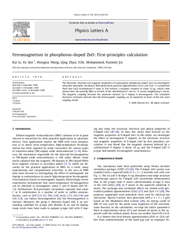 (PDF) Ferromagnetism in phosphorus-doped ZnO: First-principles calculation | Yousif Shoaib ...