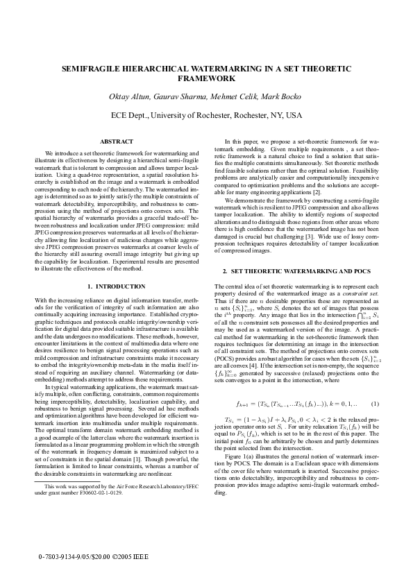Pdf Semifragile Hierarchical Watermarking In A Set Theoretic Framework