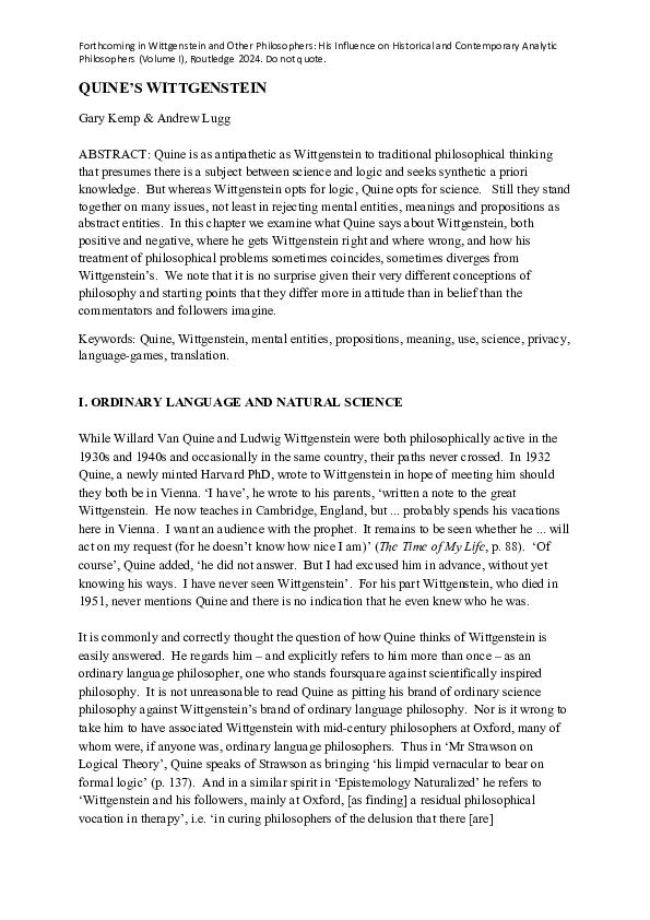 (PDF) Quine's Wittgenstein (with Andrew Lugg)